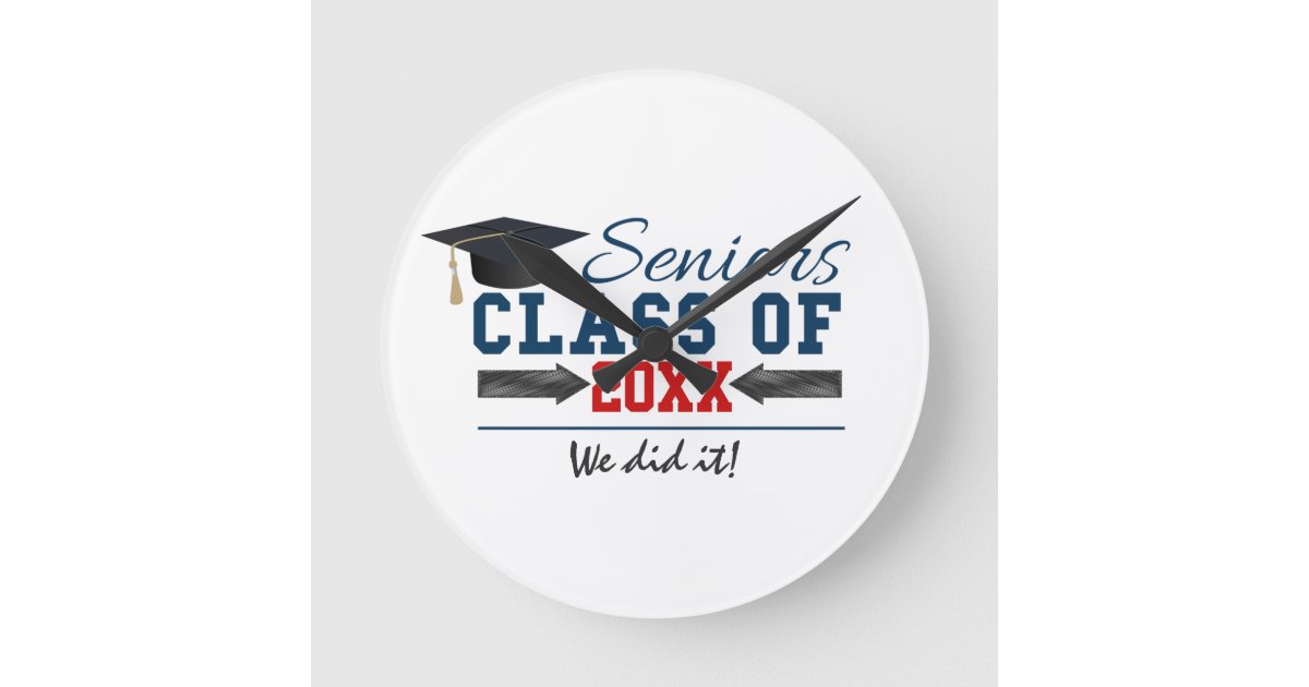 Navy Blue Red Typography Graduation Clock | Zazzle