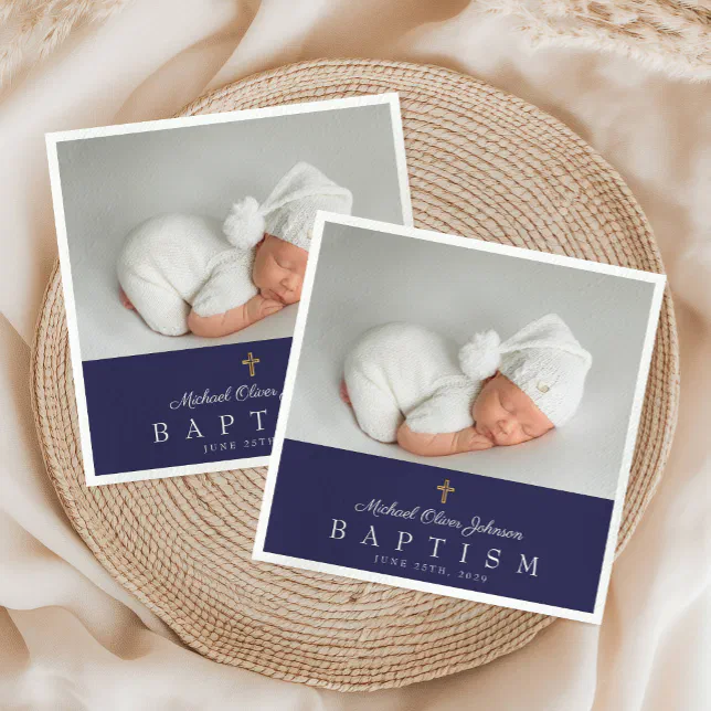 Navy Blue Religious Cross Photo Boy Baptism Napkins | Zazzle
