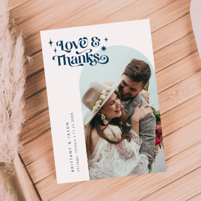 Navy Blue Retro Love & Thanks White Arch Wedding Thank You Card | Zazzle