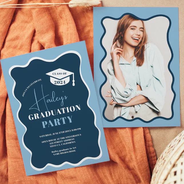 Navy blue retro wavy frame photo graduation invitation | Zazzle