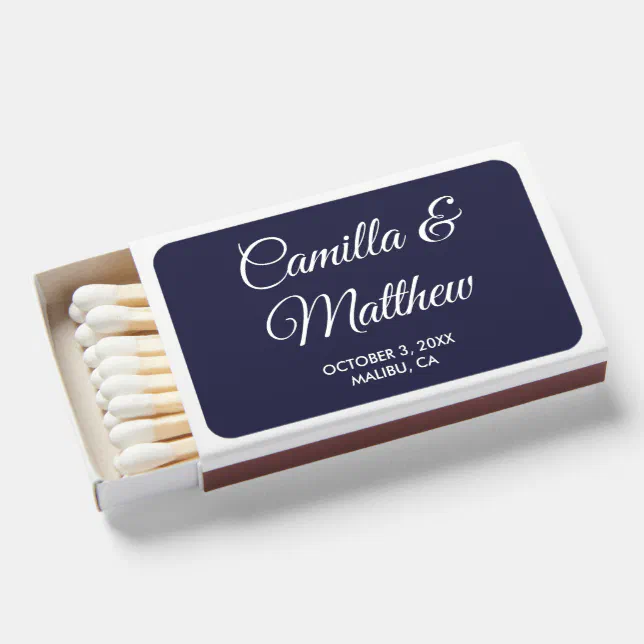 Navy Blue Romantic Script Wedding Favor Matches | Zazzle