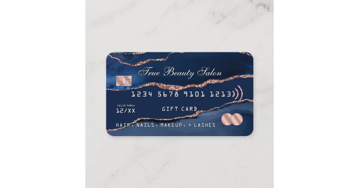 Navy Blue Rose Gold Agate Marble Credit Gift Card | Zazzle