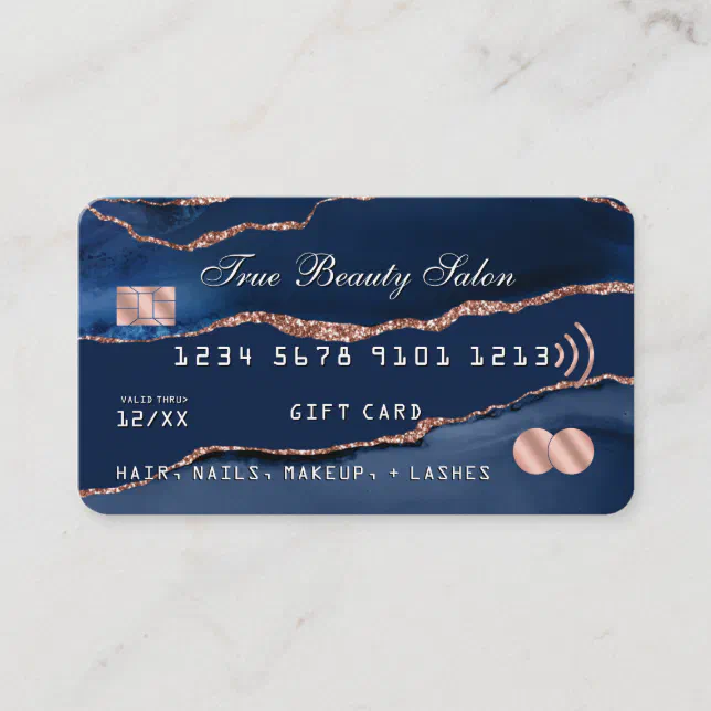 Navy Blue Rose Gold Agate Marble Credit Gift Card | Zazzle