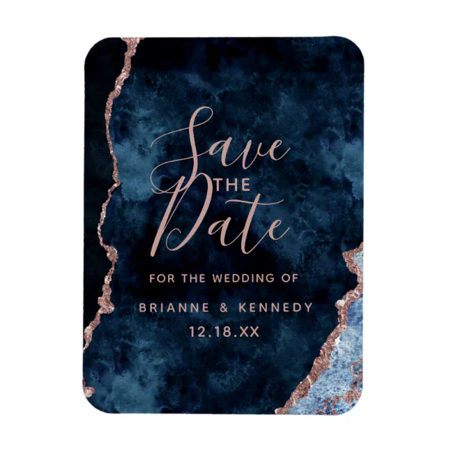 Navy Blue Rose Gold Agate Marble Save the Date Magnet | Zazzle