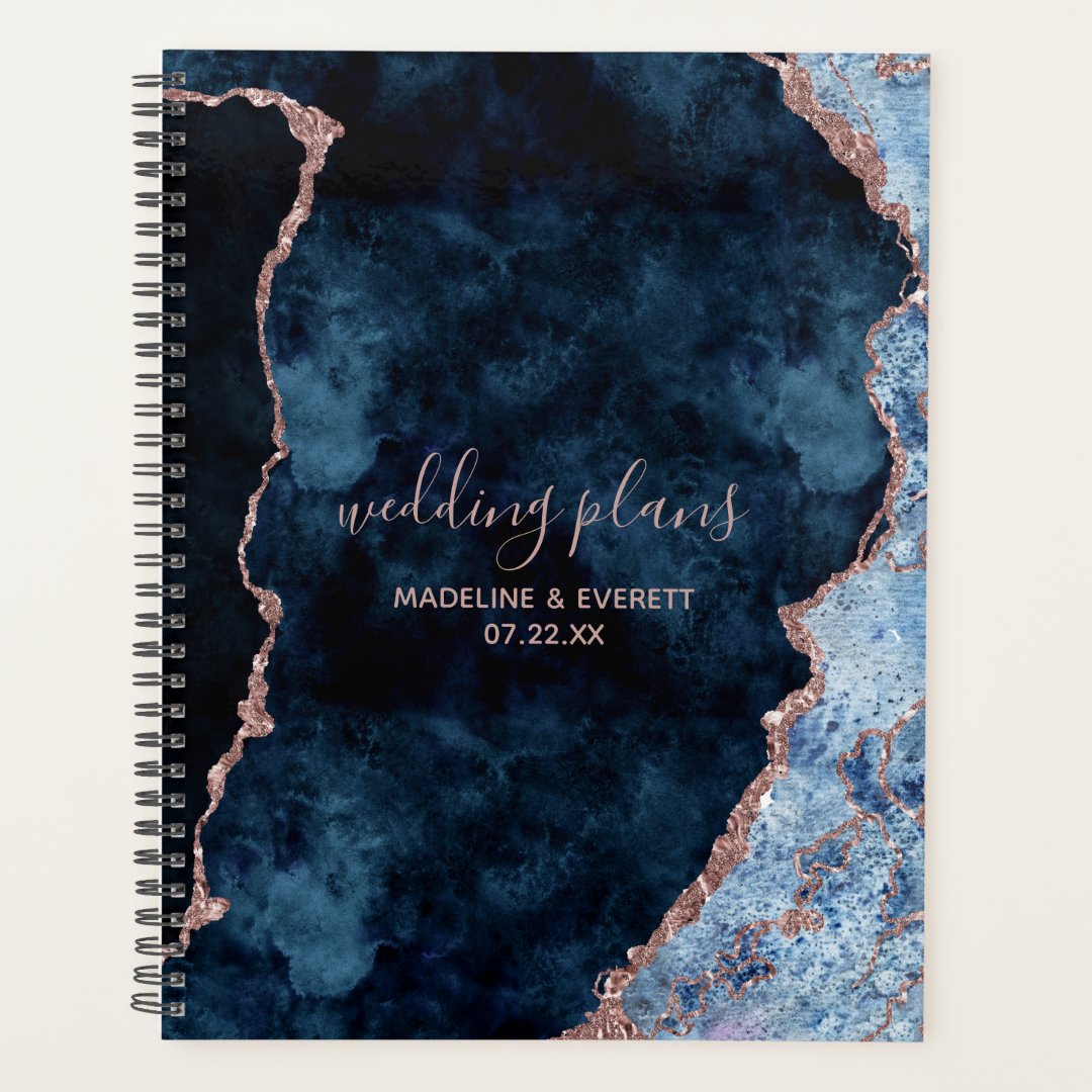 Navy Blue Rose Gold Agate Marble Wedding Plans Planner | Zazzle