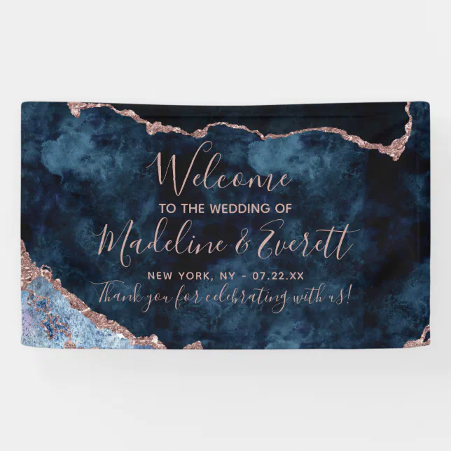 Navy Blue Rose Gold Agate Marble Wedding Welcome Banner | Zazzle
