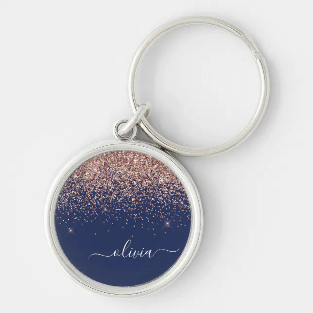 Navy Blue Rose Gold Blush Pink Glitter Monogram Keychain | Zazzle