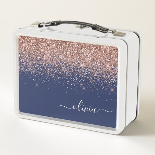 Navy Blue Rose Gold Blush Pink Glitter Monogram Metal Lunch Box | Zazzle