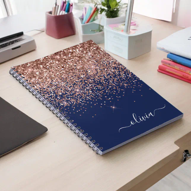 Navy Blue Rose Gold Blush Pink Glitter Monogram Notebook | Zazzle