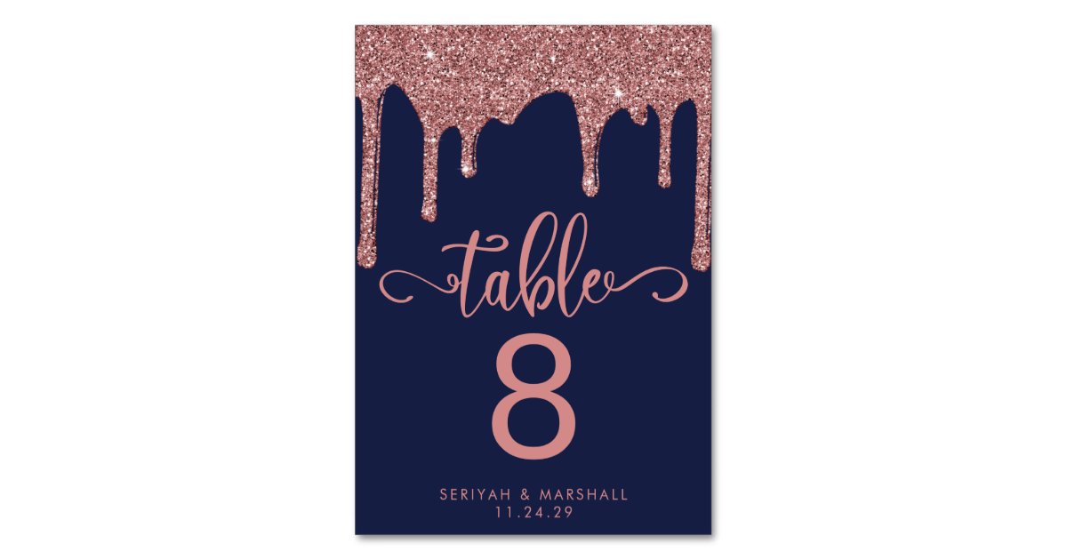 Navy Blue Rose Gold Dripping Glitter Wedding Table Number | Zazzle