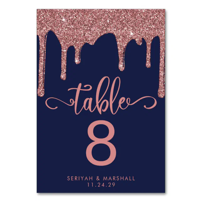 Navy Blue Rose Gold Dripping Glitter Wedding Table Number | Zazzle