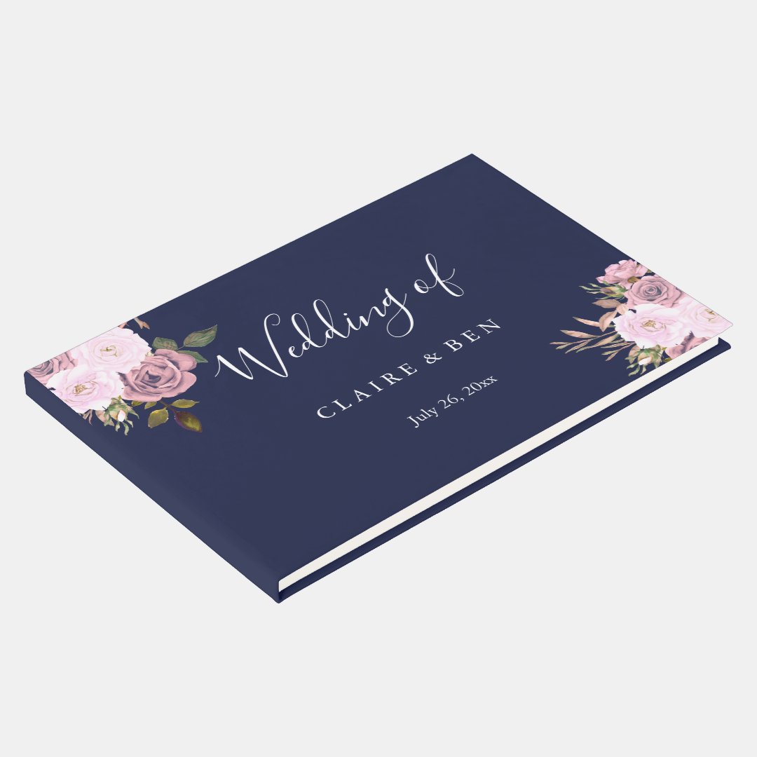 Navy Blue And Rose Gold Floral Wedding Guestbook Zazzle