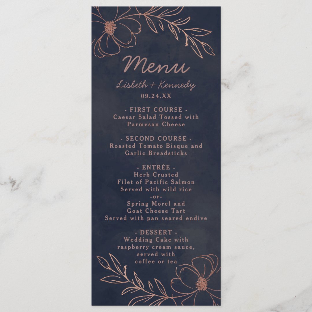 Navy Blue & Rose Gold Foil Floral Border Dinner Menu | Zazzle