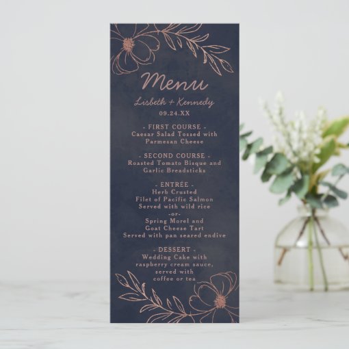 Navy Blue & Rose Gold Foil Floral Border Dinner Menu | Zazzle