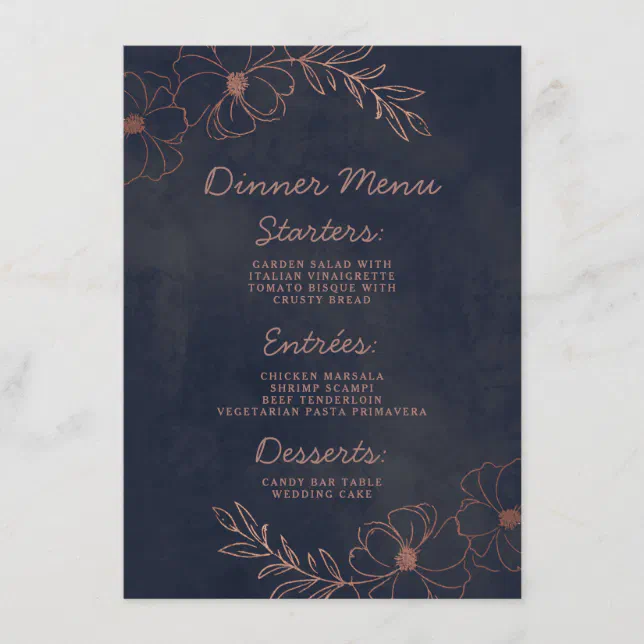 Navy Blue & Rose Gold Foil Floral Border Dinner Menu | Zazzle