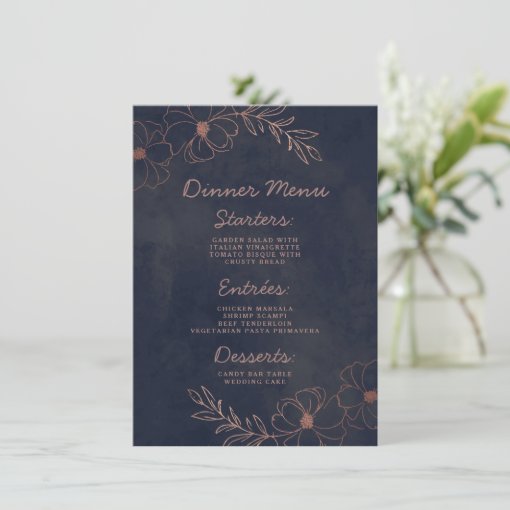 Navy Blue & Rose Gold Foil Floral Border Dinner Menu | Zazzle