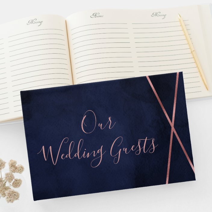 Navy Blue & Rose Gold Geometric Wedding Monogram Guest Book | Zazzle.com