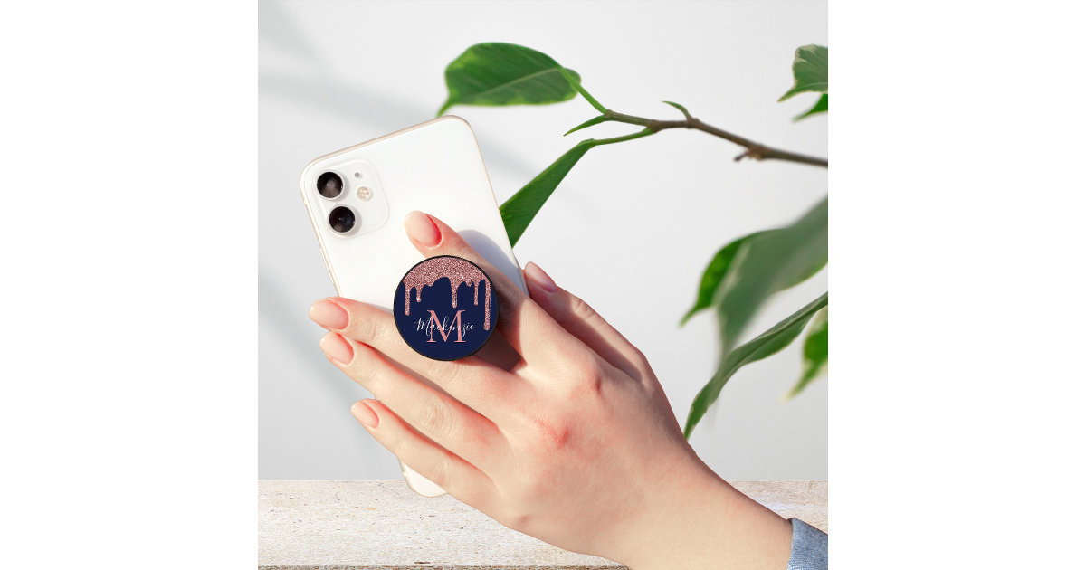 Navy Blue Rose Gold Glitter Drips Sparkle Monogram PopSocket | Zazzle