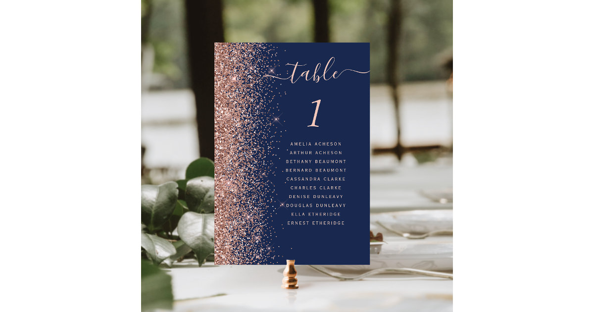Navy Blue Rose Gold Glitter Wedding Table Number | Zazzle