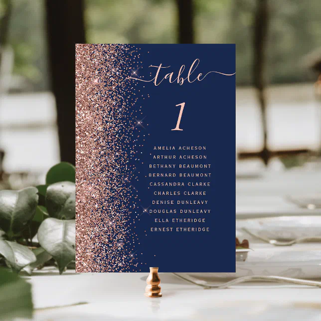 Navy Blue Rose Gold Glitter Wedding Table Number | Zazzle
