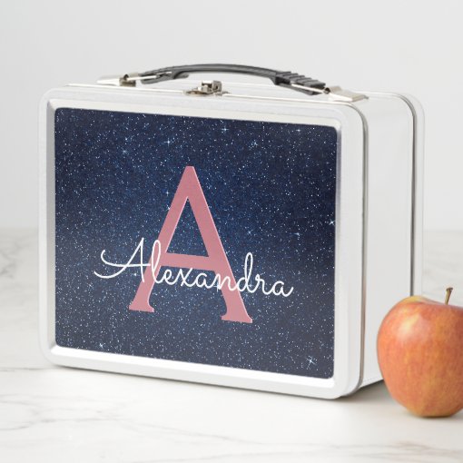 Navy Blue & Rose Gold Sparkle Glitter Monogram Metal Lunch Box | Zazzle
