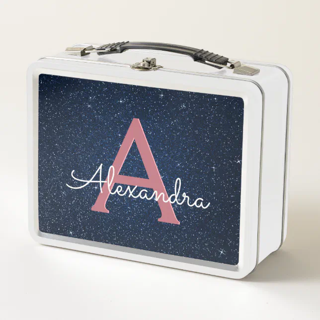 Navy Blue & Rose Gold Sparkle Glitter Monogram Metal Lunch Box | Zazzle