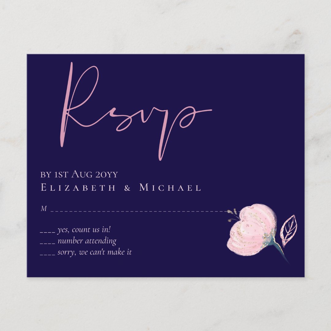 Navy Blue Rose Gold Wedding RSVP Menu | Zazzle