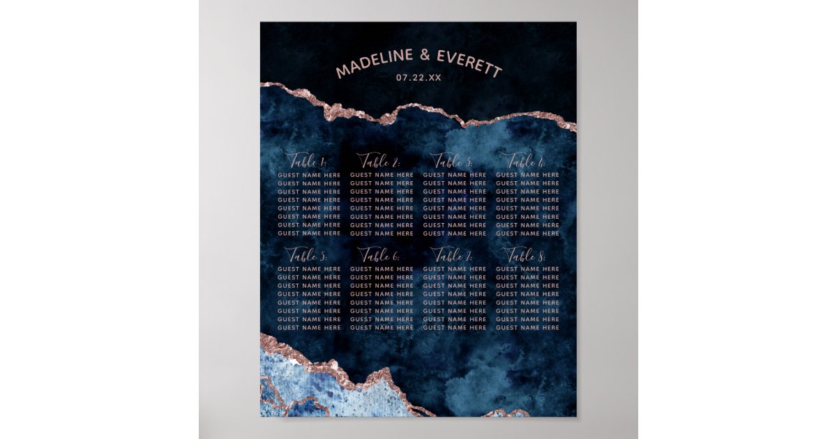 Navy Blue Rose Gold Wedding Table Seating Chart | Zazzle