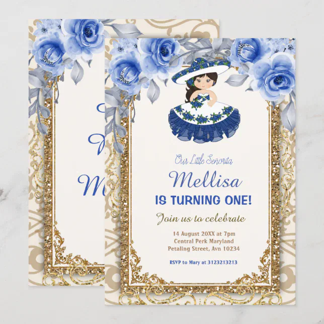 Navy Blue Roses and Gold Mexican Birthday Invitation | Zazzle
