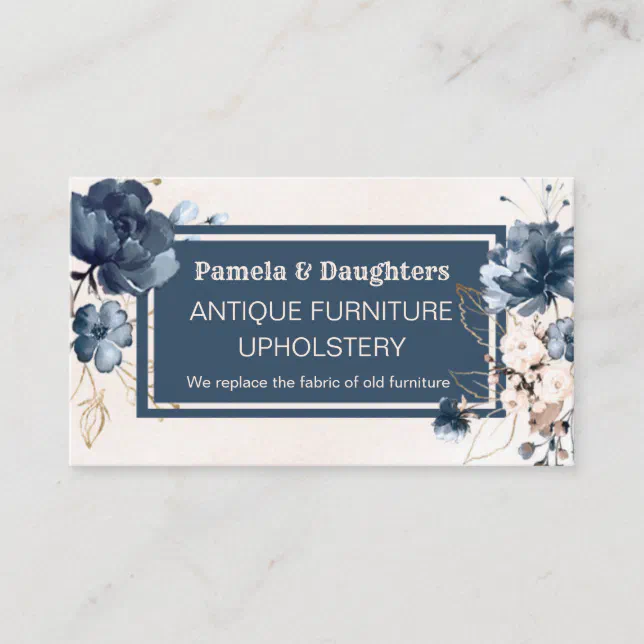 Navy blue roses Antique Furniture Upholstery Business Card | Zazzle