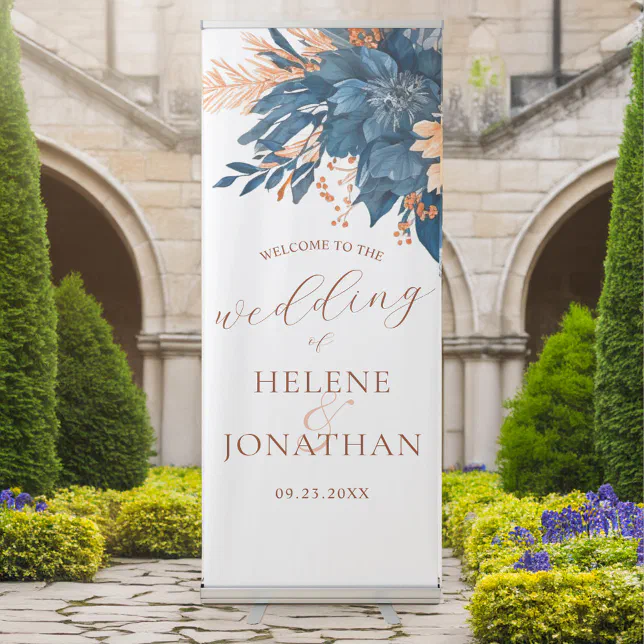 Navy Blue Rust Floral Elegant Wedding Retractable Banner | Zazzle