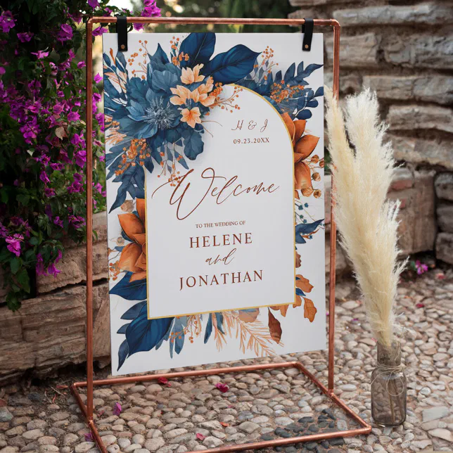 Navy Blue Rust Floral Elegant Wedding Welcome Sign | Zazzle