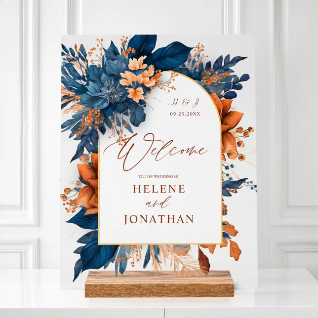 Navy Blue Rust Orange Elegant Wedding Welcome Acrylic Sign | Zazzle