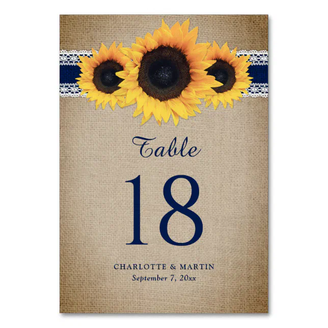 Navy Blue Rustic Vintage Burlap Sunflower Wedding Table Number | Zazzle