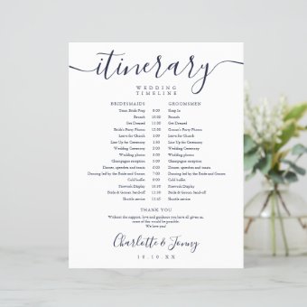 Navy Blue Schedule Wedding Itinerary Timeline | Zazzle