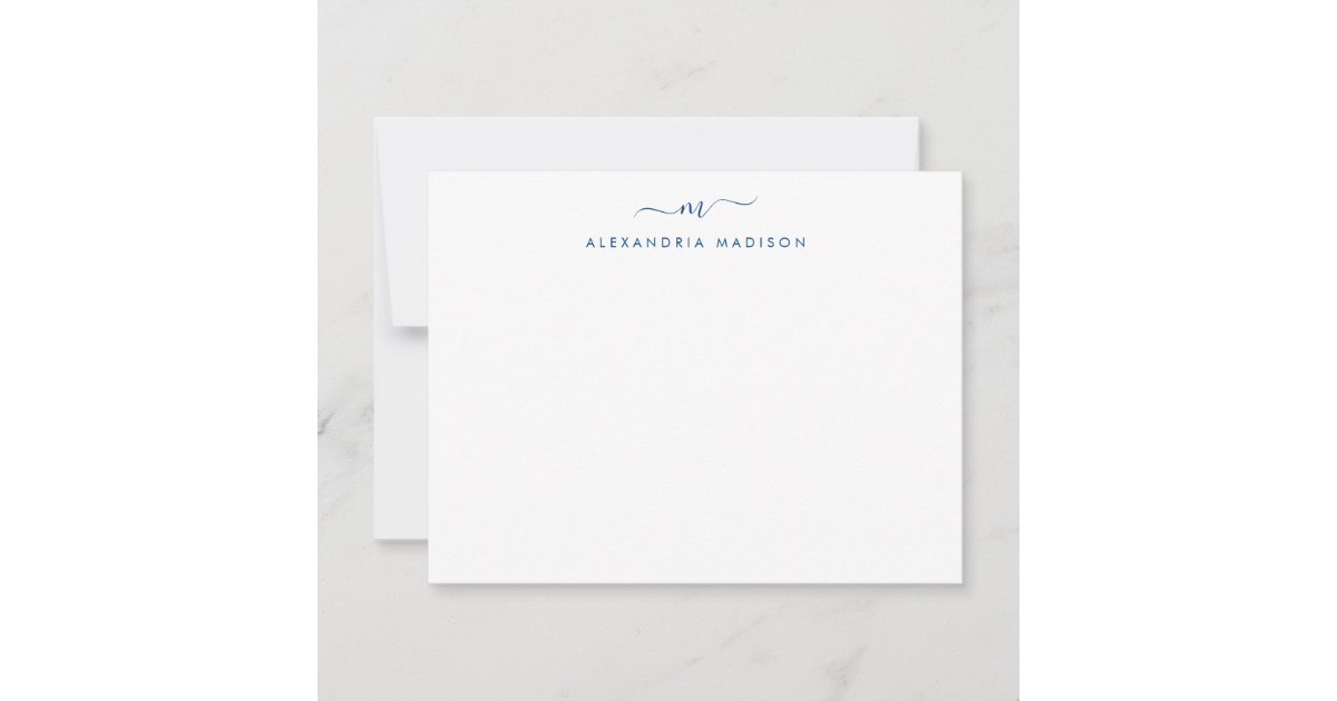 Navy Blue Script Monogram Modern Swash Stationery Note Card | Zazzle