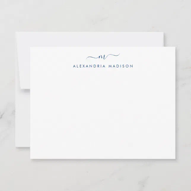 Navy Blue Script Monogram Modern Swash Stationery Note Card | Zazzle