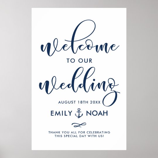 Navy Blue Script Nautical Wedding Welcome Sign II | Zazzle.com
