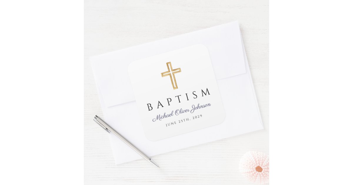 Navy Blue Script Religious Cross Boy Baptism Square Sticker | Zazzle