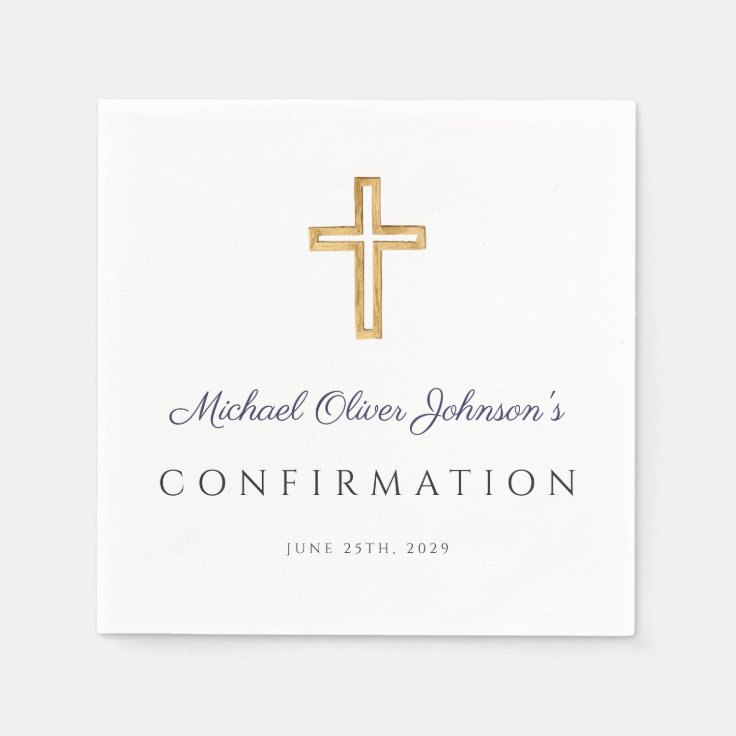 Navy Blue Script Religious Cross Boy Confirmation Napkins | Zazzle