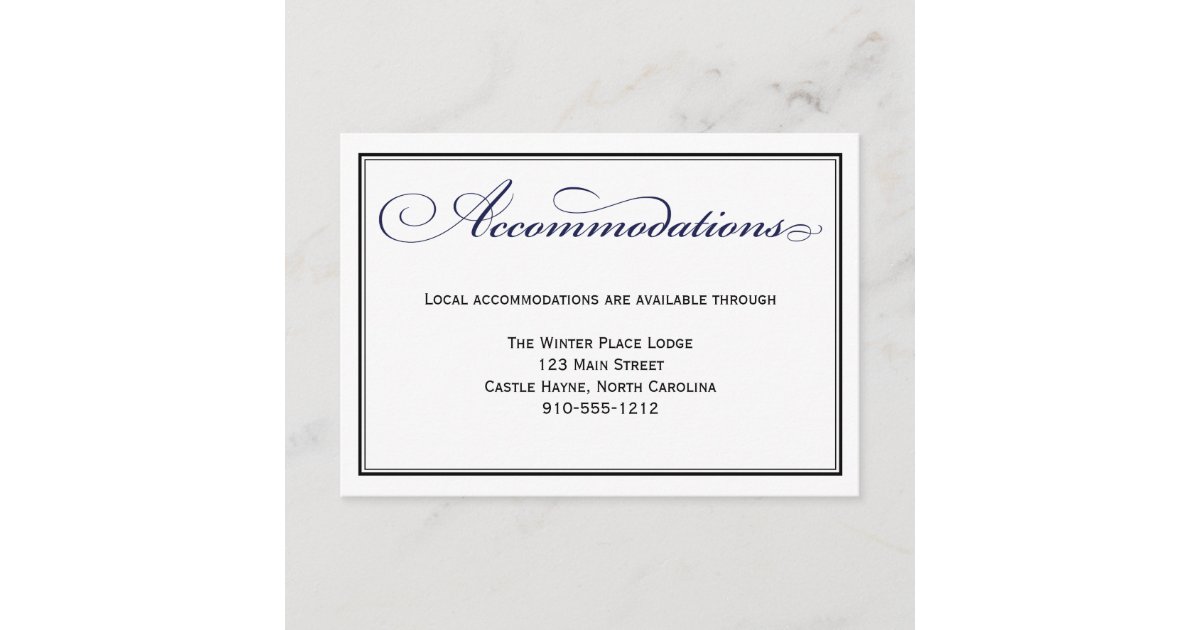 Navy Blue Script Wedding Accommodations Card | Zazzle