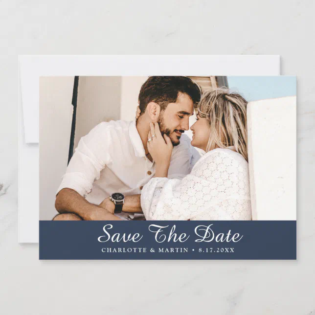 Navy Blue Script Wedding Photo Save The Date Cards | Zazzle