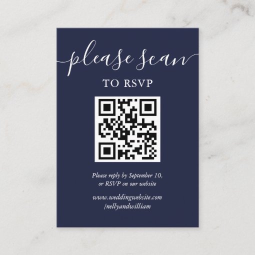 Navy Blue Script Wedding RSVP QR Code Enclosure Card | Zazzle