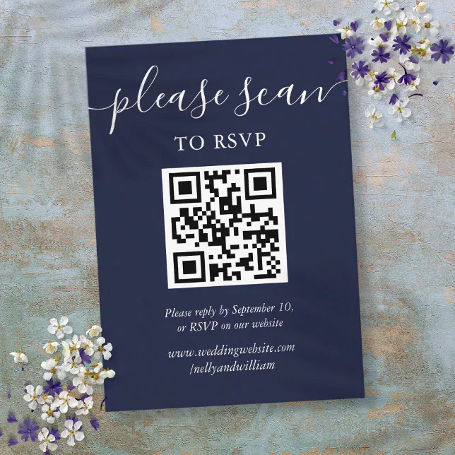 Navy Blue Script Wedding RSVP QR Code Enclosure Card | Zazzle