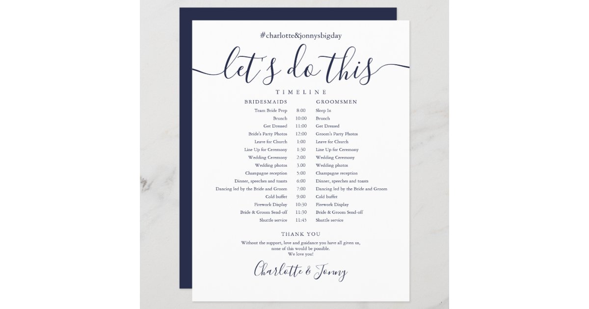 Navy Blue Script Wedding Schedule Timeline | Zazzle