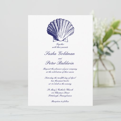 Navy Blue Sea Shells Wedding Invitation | Zazzle