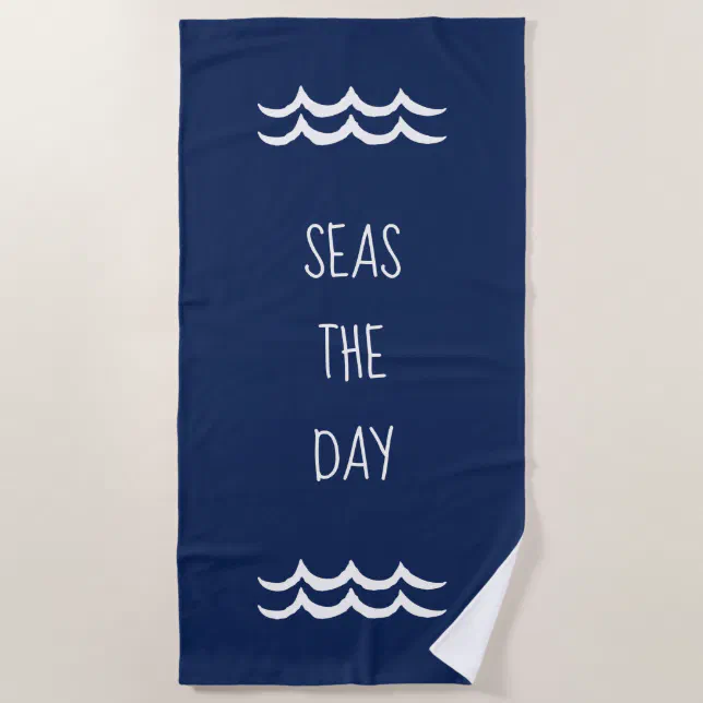 Navy Blue Seas the Day Waves Nautical Beach Towel | Zazzle