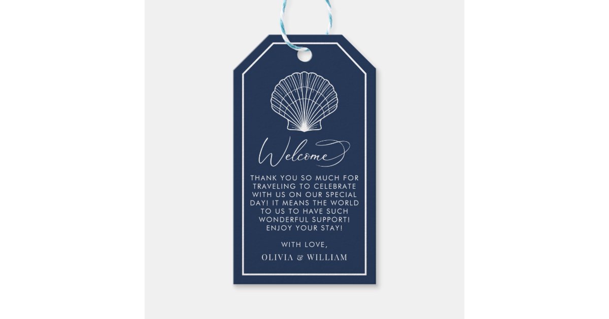 Navy Blue Seashell Beach Elegant Wedding Welcome Gift Tags | Zazzle