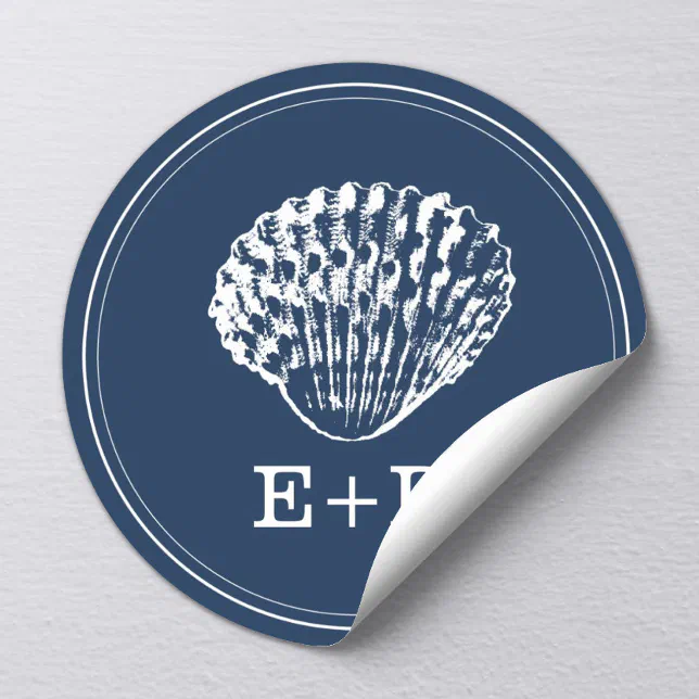 Navy Blue Seashell Beach Wedding Favor Classic Round Sticker | Zazzle
