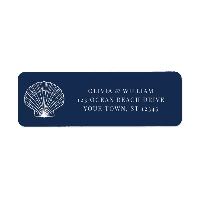 Navy Blue Seashell Beach Wedding Return Address Label | Zazzle